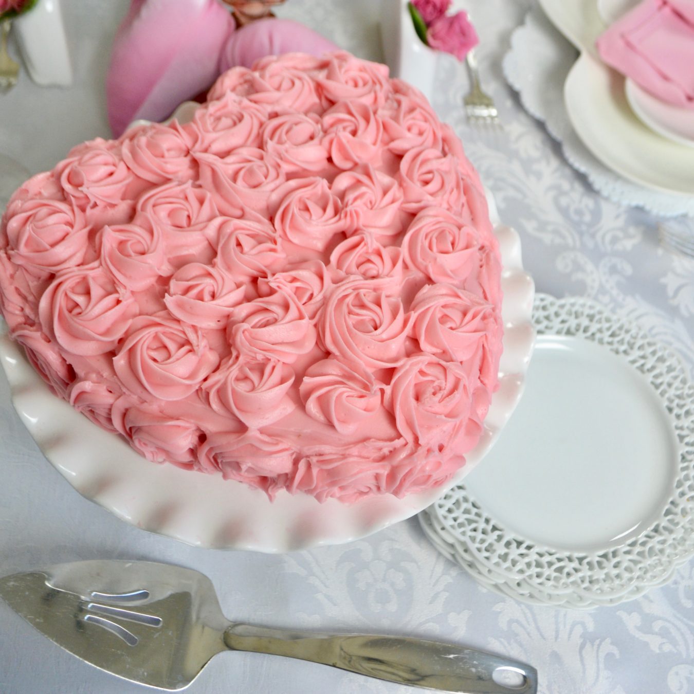 Strawberry Heart Cake with Strawberry Rosette Frosting - Liz Bushong