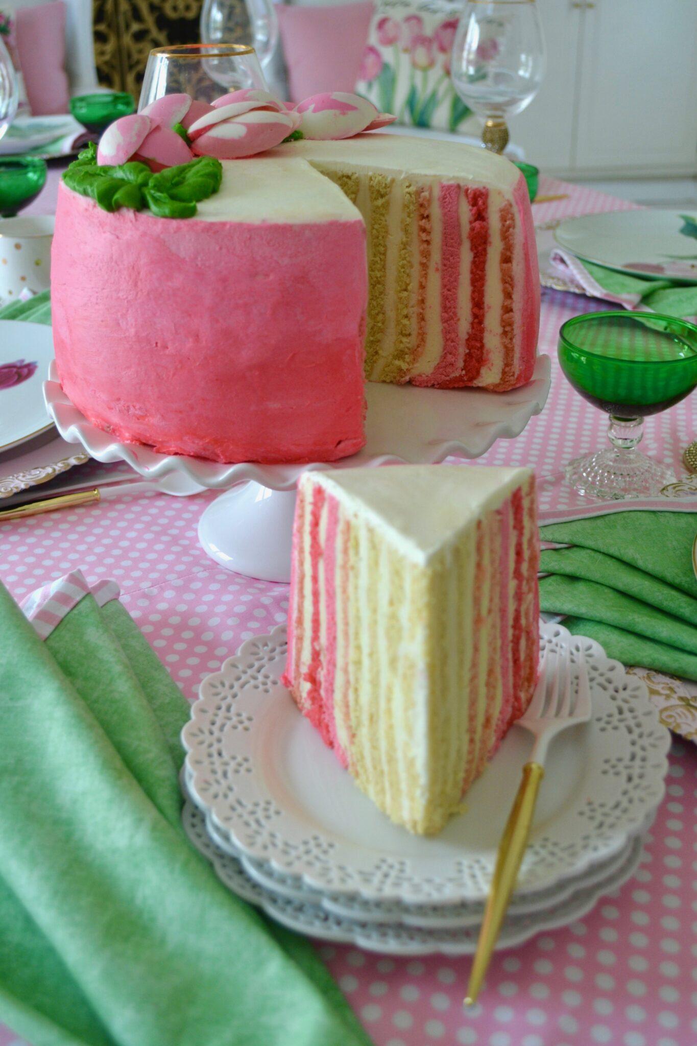 Swiss Almond Vertical Pink Stripe Cake - Liz Bushong